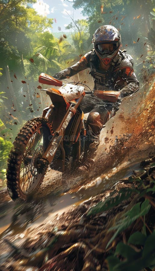 Dynamic Dirt Bike Racing through a Lush Forest Trail, Captured from a ...