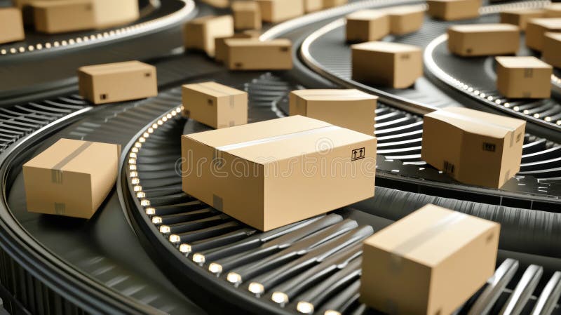 A Dynamic Display of Cardboard Boxes Moving Along a Conveyor Belt ...
