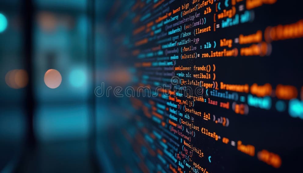 Dynamic Display of Encryption Coding Data. Secure Code Lines Display on Dark Monitor. Modern ...