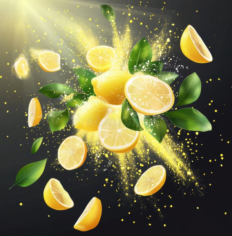 Citrus Explosion with Flying Lemons and Vibrant Green Leaves on a ...