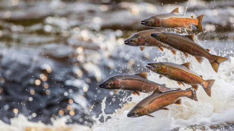 Dynamic Display of Salmon Leaping Upstream, Showcasing Strength and ...