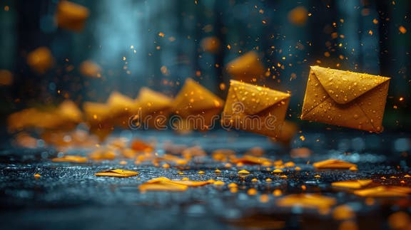 Dynamic Display of Yellow Envelopes Bursting Forth from a Table ...