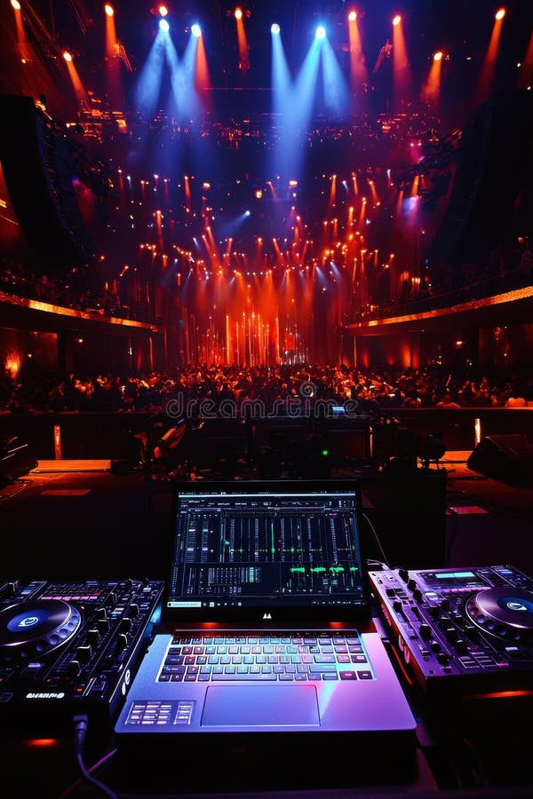 Dynamic DJ Setup with Laptop and Mixing Equipment in Vibrant Light Show ...