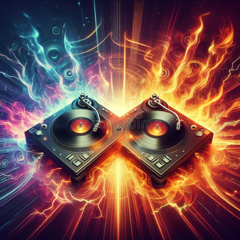 Dynamic DJ Turntables with Fiery and Electric Visual Effects Stock ...