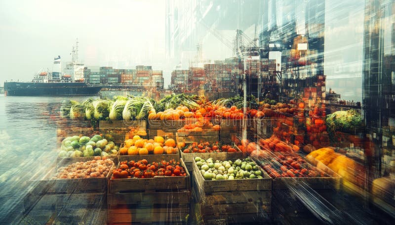 Dynamic Double Exposure of Agricultural Products on Dock Amidst Cargo ...
