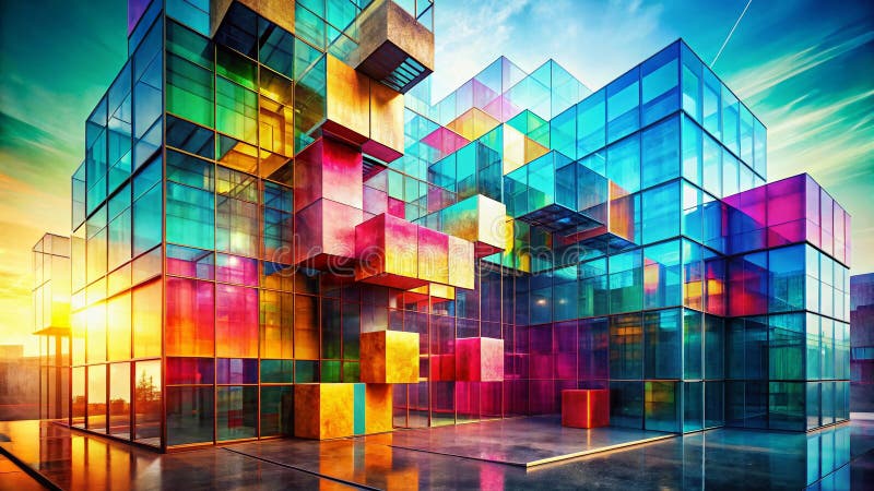 Dynamic Double Exposure Architecture Colorful Cubes Intertwined with ...