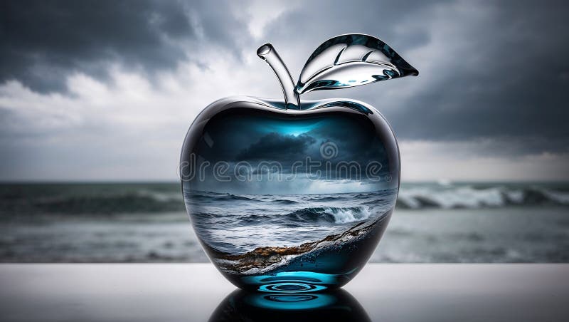 Dynamic Double Exposure of Glass Apple and Stormy Ocean Waves Stock ...