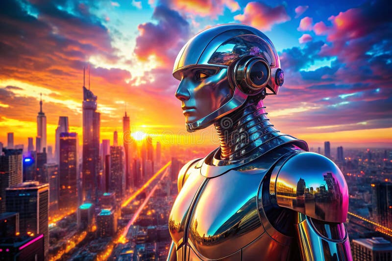 Dynamic Double Exposure Futuristic Robot Navigating a Vibrant ...