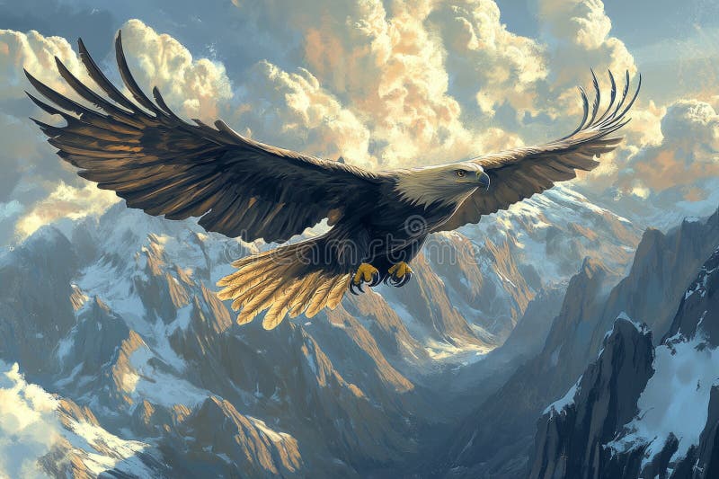 A Dynamic and Dramatic Illustration of a Majestic Eagle Soaring through the Sky, Its Wings Fully ...