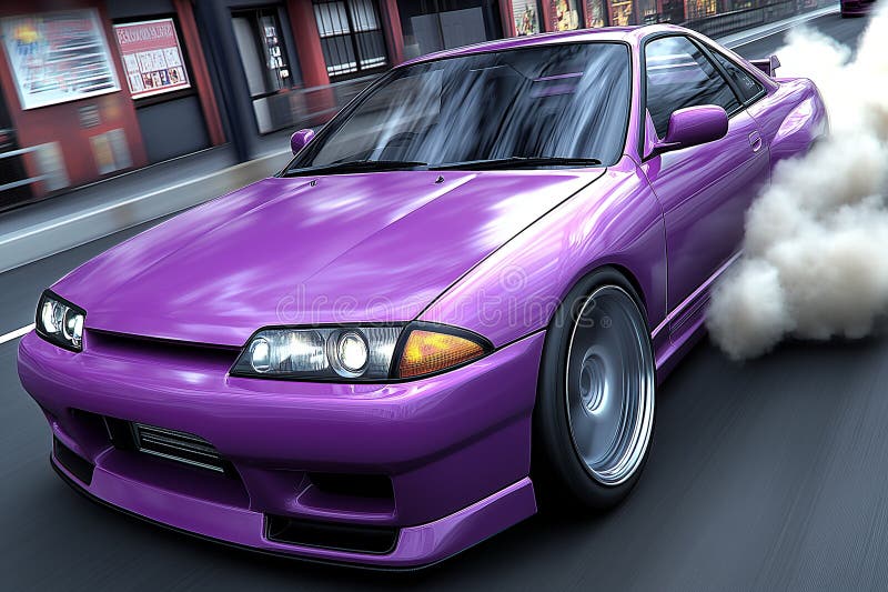 Dynamic Drift Scene Featuring Purple Car with Smoke on Speed Track in ...