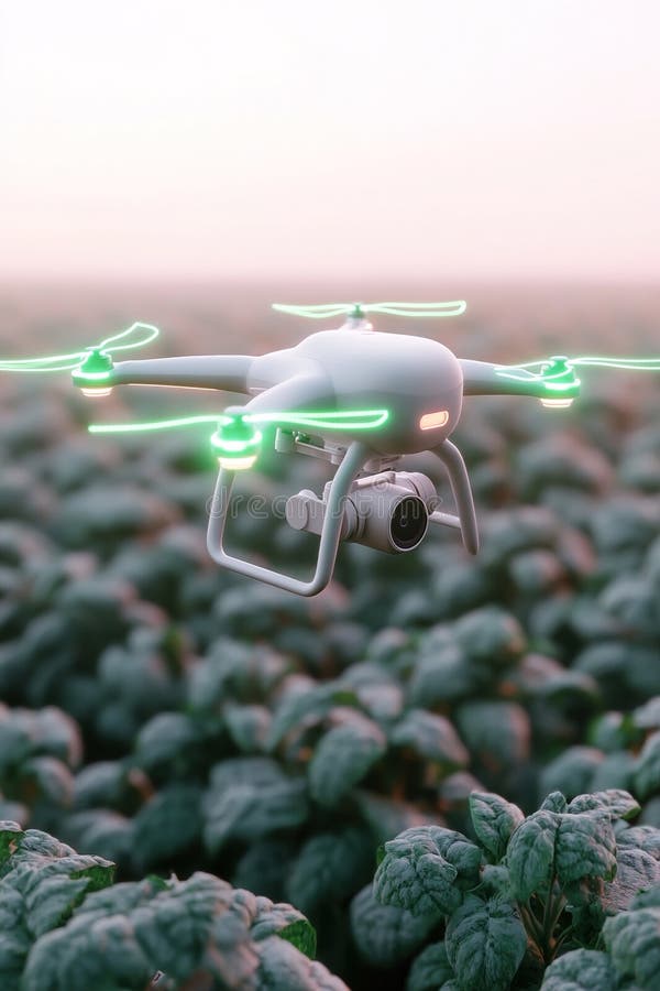A Dynamic Drone Emits Neon Green Grid Patterns Onto Crops Below As it ...