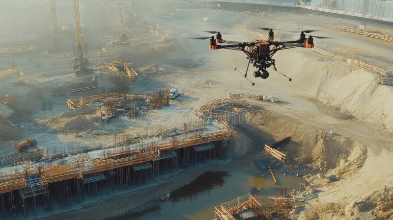 Dynamic Drone Flying Over Construction Site at Dawn Stock Image - Image ...