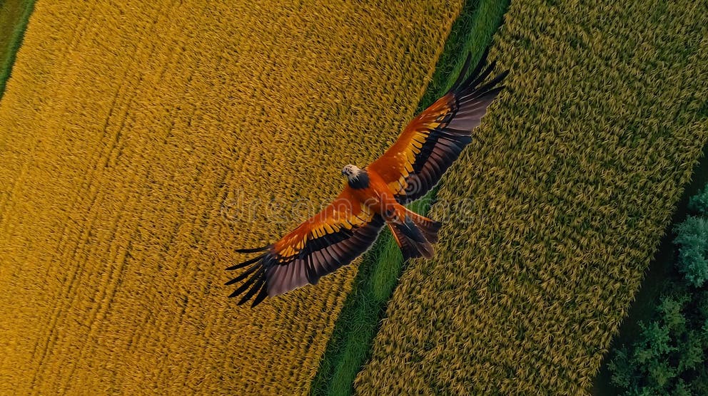A Kite Glides Over Rice Fields, Its Forked Tail Distinct in the Sky ...