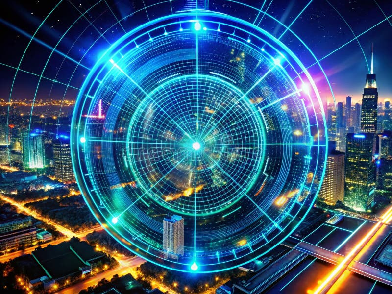 Dynamic Drones Eye View Futuristic Digital Radar Communication Network ...