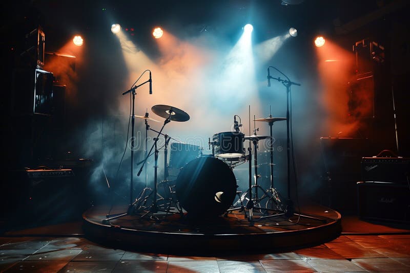 Dynamic Drum Set Under Stage Lights in a Smoky Atmosphere for Live ...
