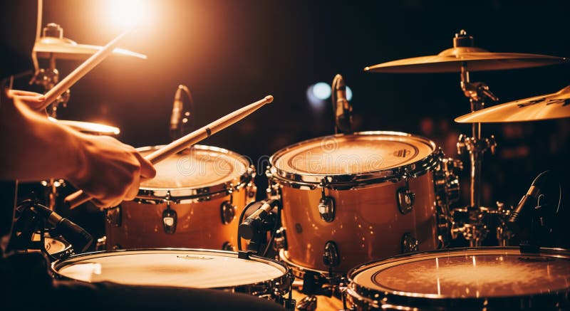 Dynamic Drummer Performing Live with Golden Stage Lighting Illuminating ...