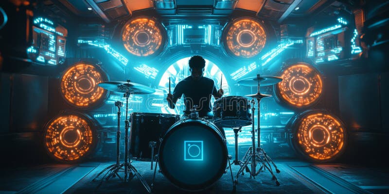 A Dynamic Drummer Performing on Stage. the Scene is Enhanced with ...