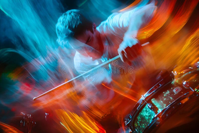 A Dynamic Drummer Performing with Vibrant Light Trails in a Lively ...