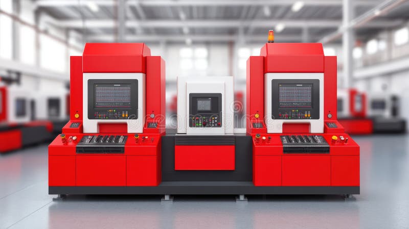 Dynamic Duo, Two Powerful Red Machines at Work in a Modern Factory ...