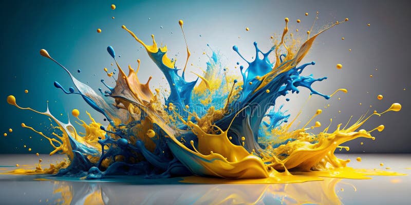 Dynamic Duo a Vibrant Collision of Blue and Yellow Paint in a ...