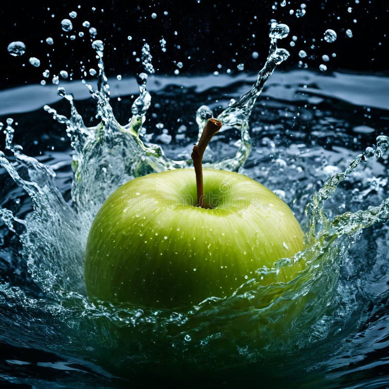 Splash Water Apple Surrounded by a Swirling Vortex of Water Creating a ...