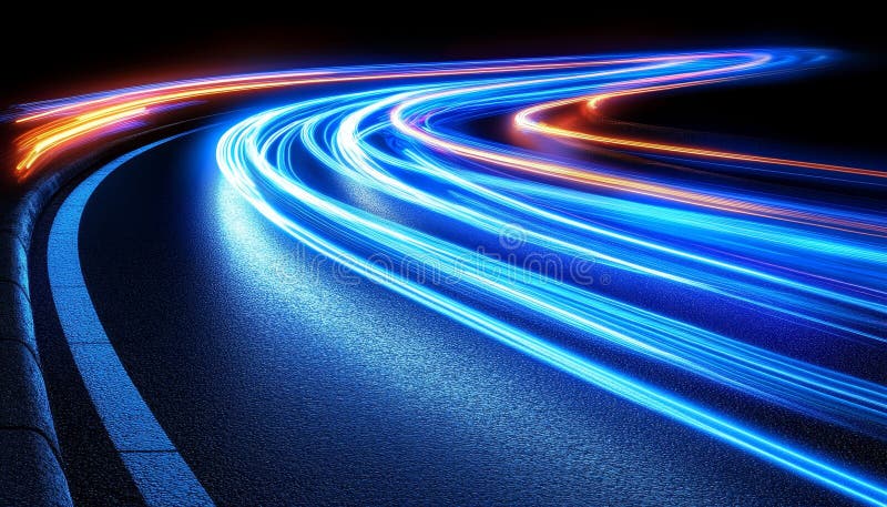 Dynamic Electric Blue Light Trails on a Curved Road, Black Background ...