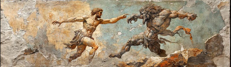Dynamic Encounter between Hero and Beast in a Classical Style Artwork ...