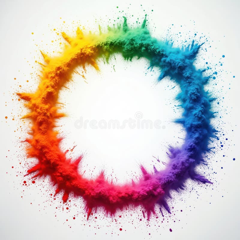 Dynamic Energetic Explosion of Rainbow Colored Powder Forms Circle on ...