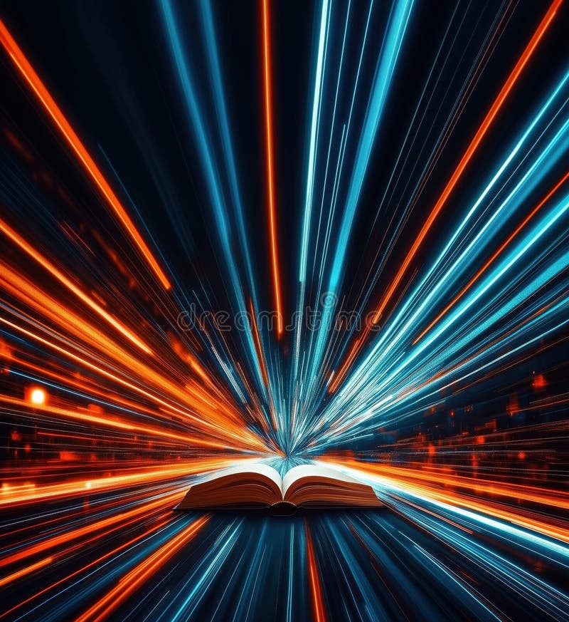 Dynamic Energy Burst from Open Book, Radiating Blue and Orange Light ...