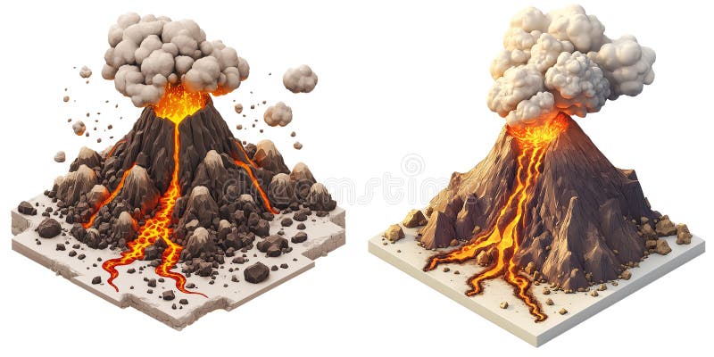 Dynamic Eruption of Two Volcanic Models with Flowing Lava Streams Stock ...