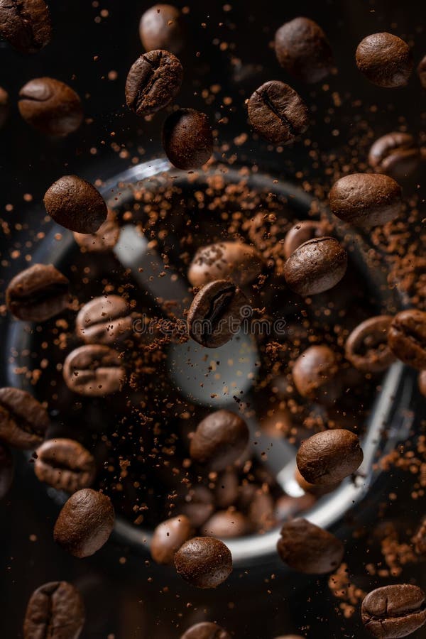 Dynamic Espresso - Coffee Beans in Flight Stock Image - Image of drop ...