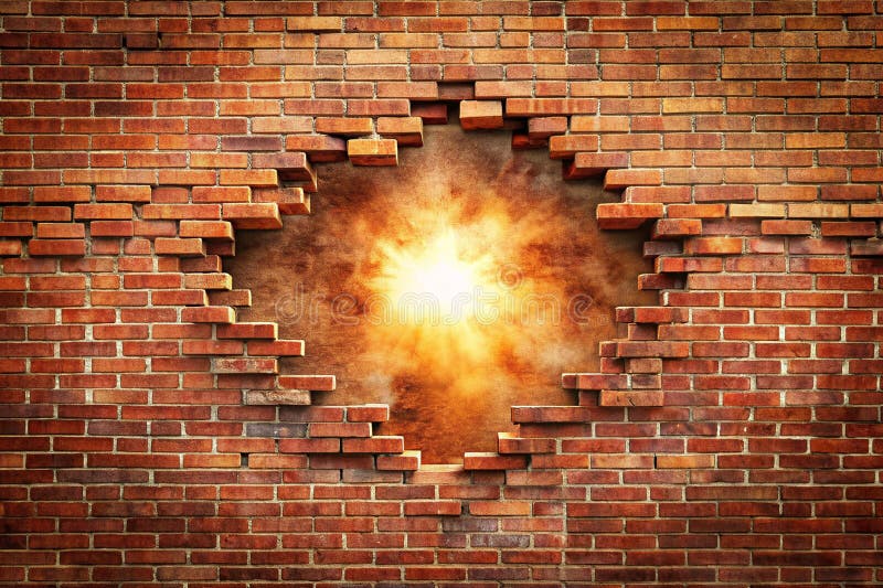 Dynamic Explosion Amidst Red Bricks Wall Broken Hole Background ...