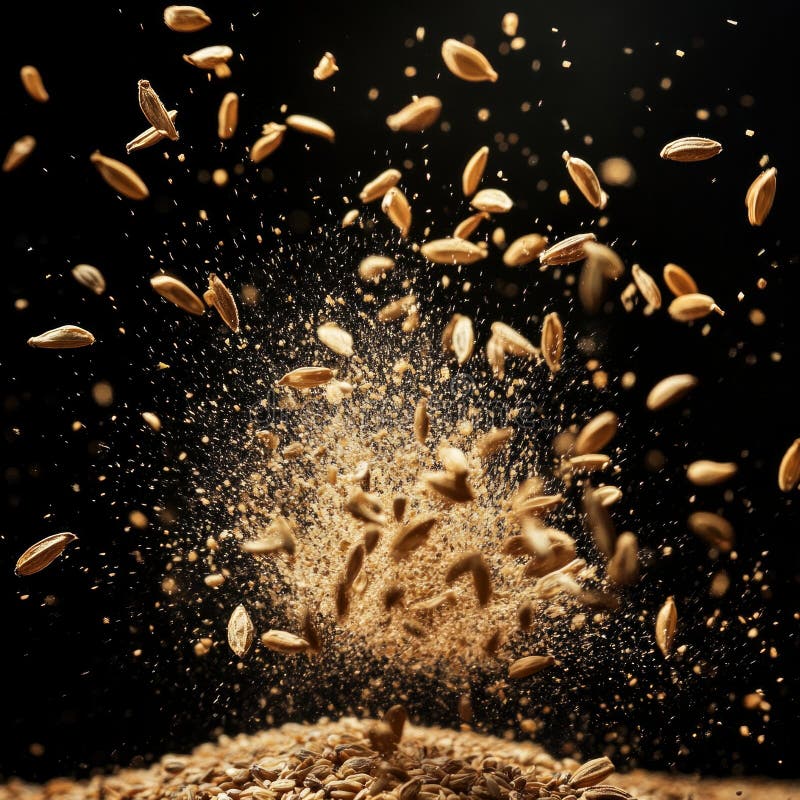 Dynamic Explosion of Barley Grains in Mid-air Against Dark Background ...