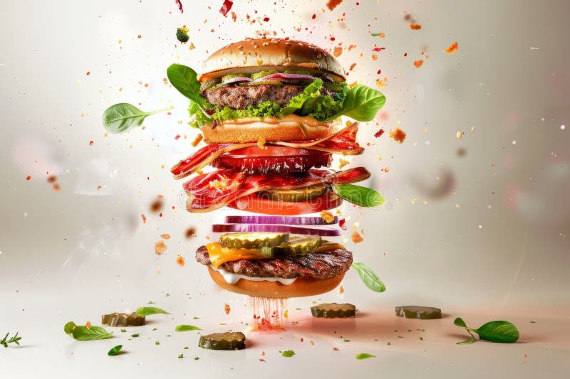 A Dynamic Explosion of Burger Ingredients, Captured Mid-air in a ...