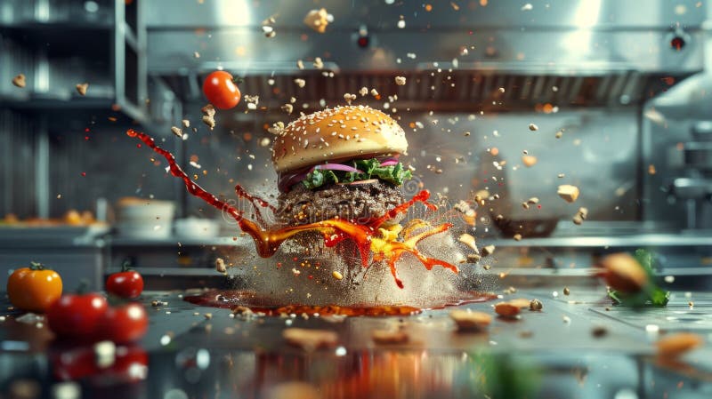 Dynamic Explosion of Burger Ingredients in a Commercial Kitchen ...