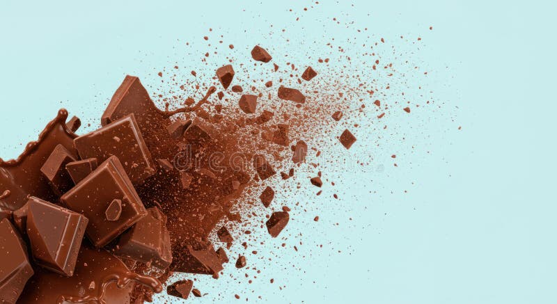 Dynamic Explosion of Chocolate Chunks and Powder on Light Blue ...