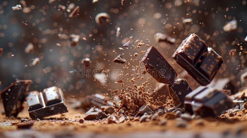 Dynamic Explosion of Chocolate Pieces with Flying Crumbs and Cocoa Dust ...