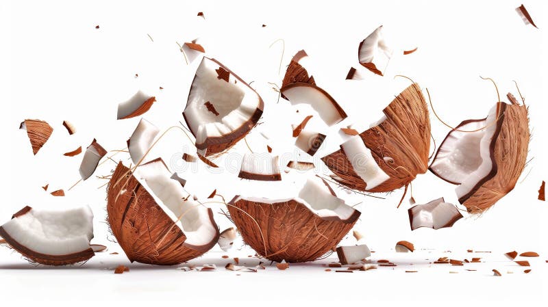 Dynamic Explosion of Cracked Coconut Pieces Against White Background ...