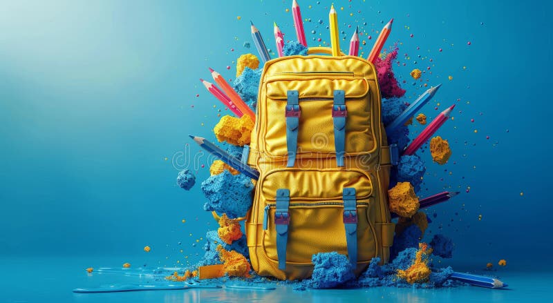 Dynamic Explosion of Creativity from a School Backpack with Colorful ...