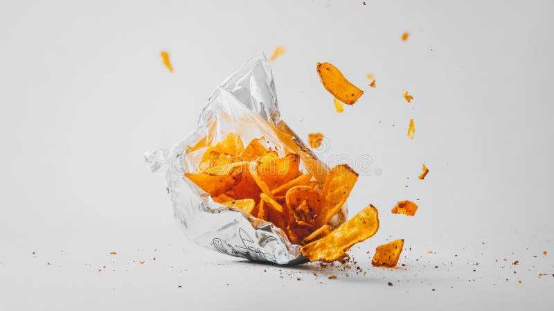 Dynamic Explosion of Crispy Orange Chips Bursting from Foil. the Lively ...