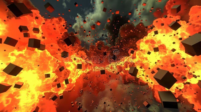 A Dynamic Explosion of Cubes and Fiery Elements in a Surreal, Digital ...