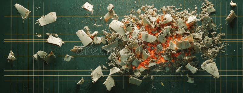 Dynamic Explosion of Debris on Green Grid Stock Illustration ...