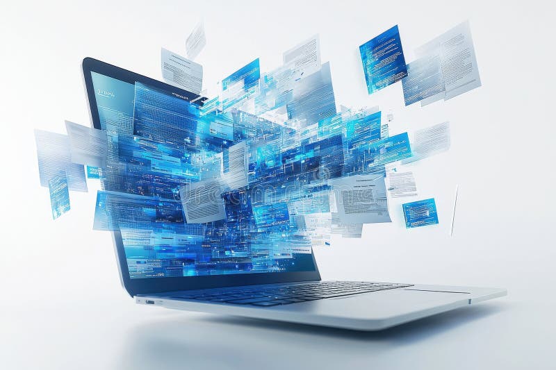 Dynamic Explosion of Digital Documents from a Laptop Stock Photo ...