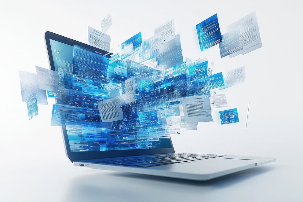 Dynamic Explosion of Digital Documents from a Laptop Stock Photo ...