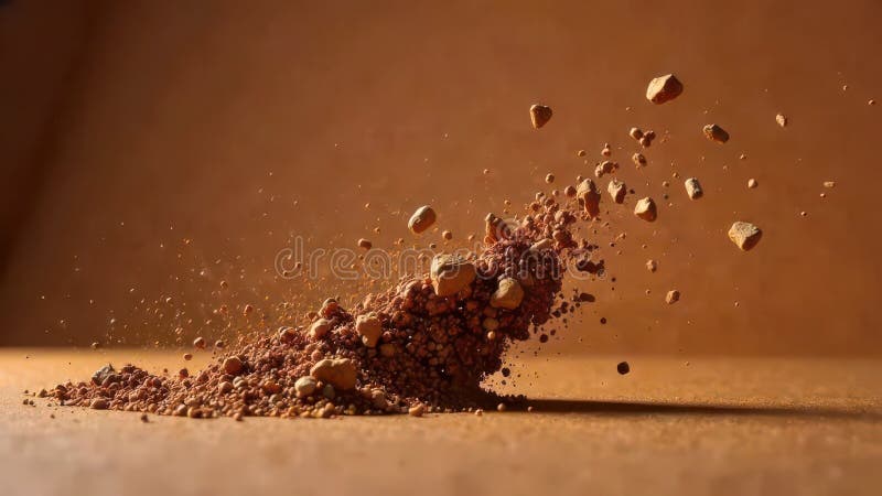 Dynamic Explosion of Earthy Fragments in Motion on Brown Background ...