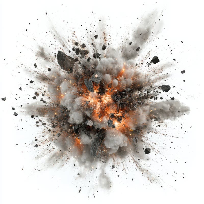 Dynamic Explosion with Fiery Debris and Smoke in Mid-air Against White ...
