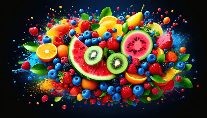 Dynamic Explosion of Fruits and Berries on a Dark Background, Saturated ...