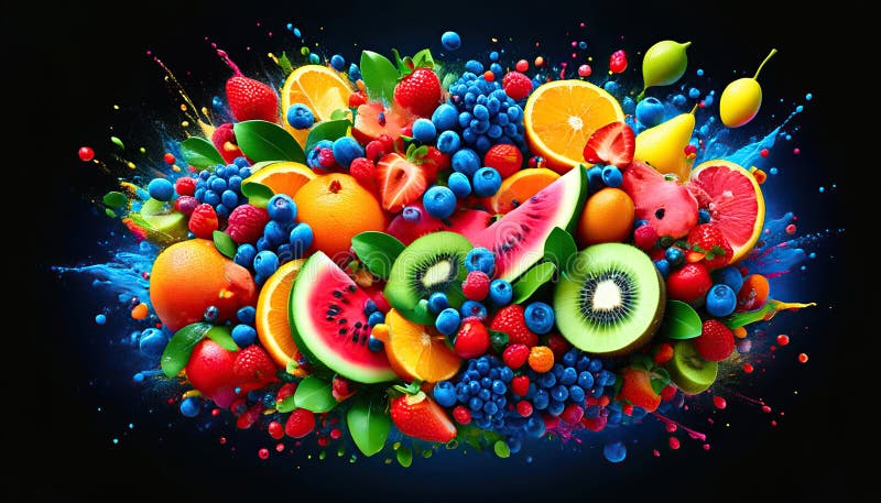 Dynamic Explosion of Fruits and Berries on a Dark Background, Saturated ...