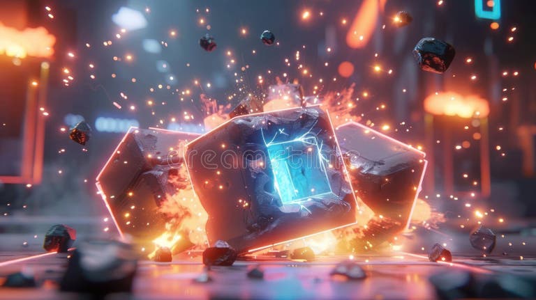 A Dynamic Explosion of Glowing Cubes Amidst Debris in a Futuristic ...