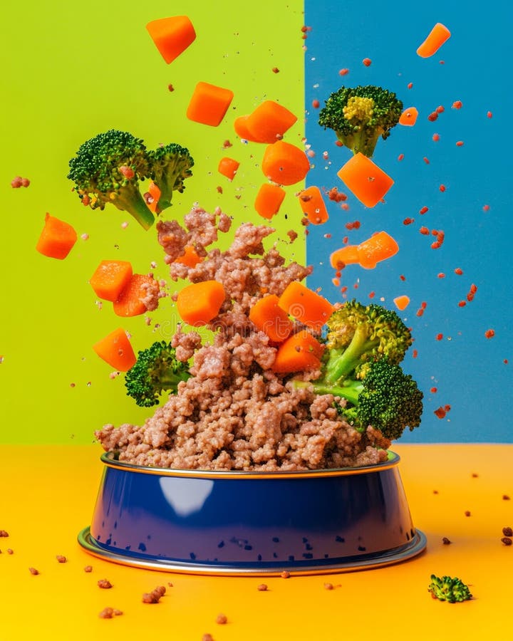 Dynamic Explosion of Ingredients: Ground Meat, Broccoli, and Carrots ...